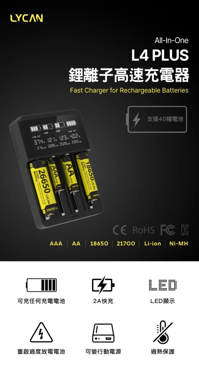 LYCAN L4 PLUS 高速快充4顆電池充電器[LED亮燈顯示]